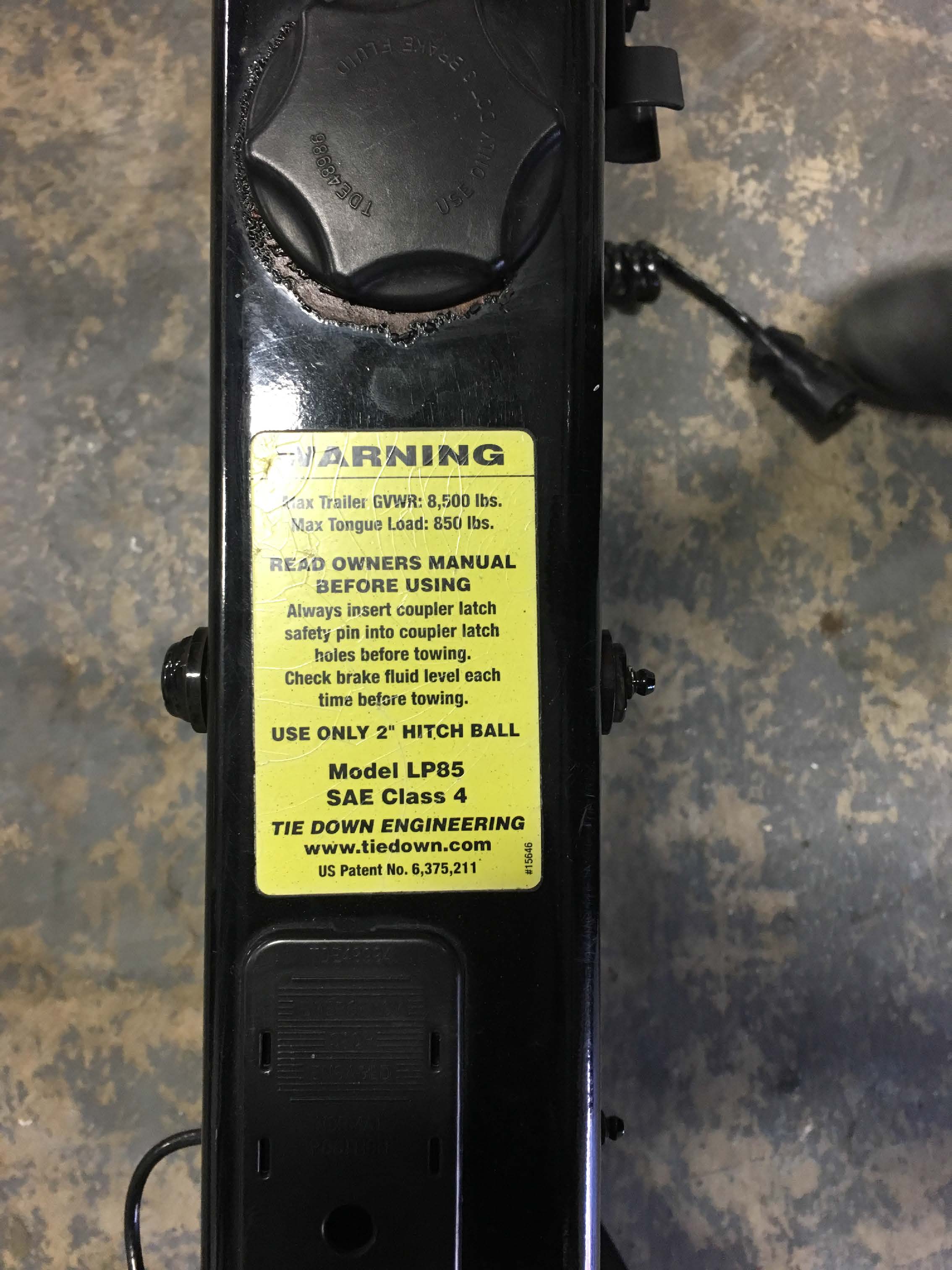 "DECAL-GVWR WARNING 8,500 LBS MODEL LP85 2""BALL SAE CLASS 4"